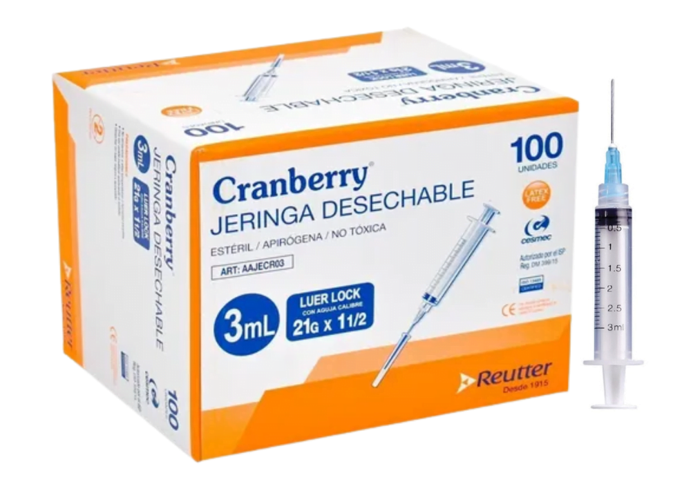 Jeringa Desechable con Aguja Luer Lock 3ML - Caja 100 unidades CRANBER